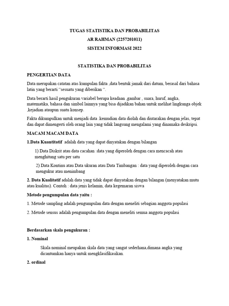 Tugas Ar Rahman Statistika Dan Probabilitas | PDF Tugas Ar Rahman Statistika Dan Probabilitas | PDF