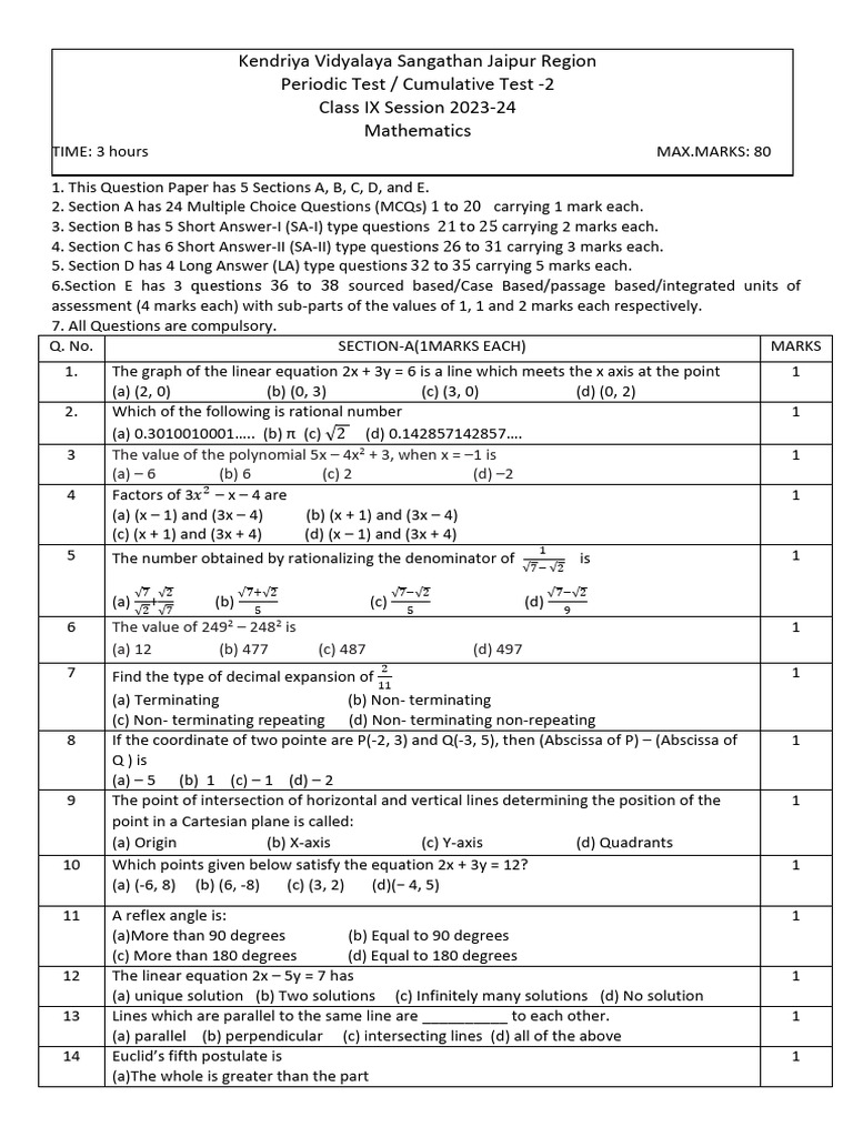 Kendriya Vidyalaya Sangathan Jaipur Region Periodic Test / Cumulative ...