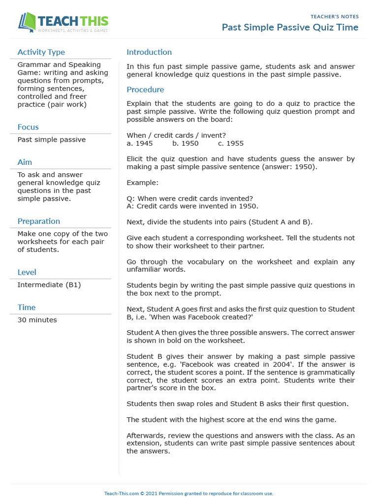 Past Simple Passive Quiz Time | PDF | Question | Human Communication