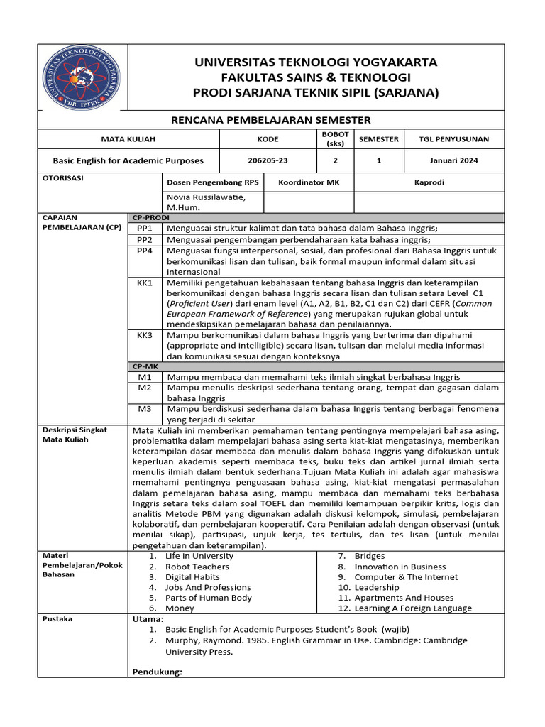 RPS Basic English for Academic Purposes,(Tek. Sipil) | PDF