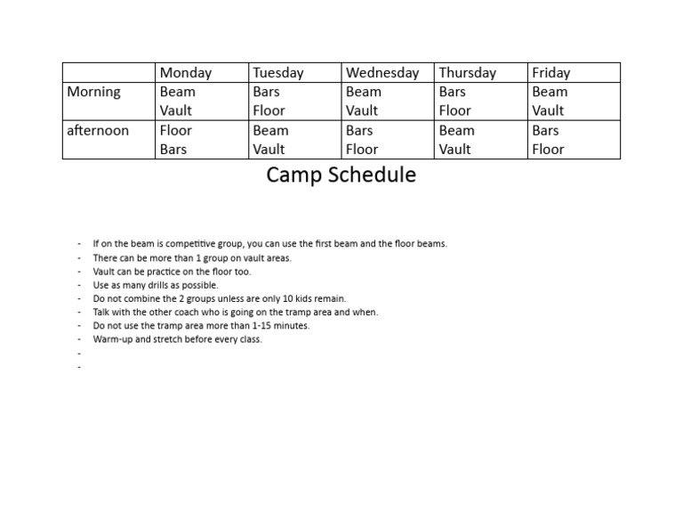 Weekly Gymnastics Camp Schedule | PDF