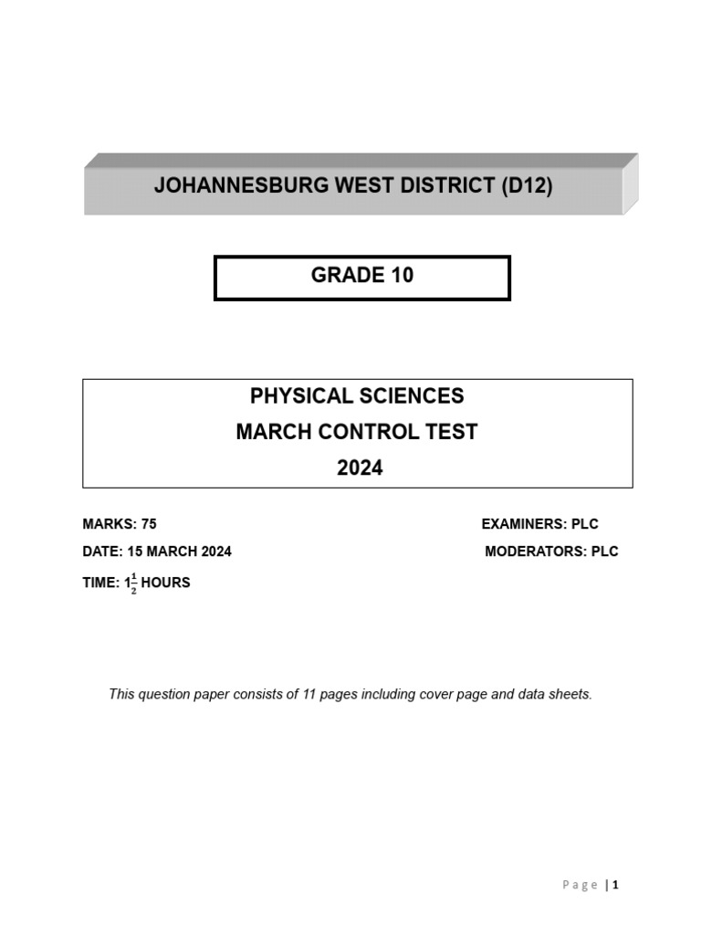 Grade 10 March 2024 Term 1 Physical Sciences Test | PDF ...