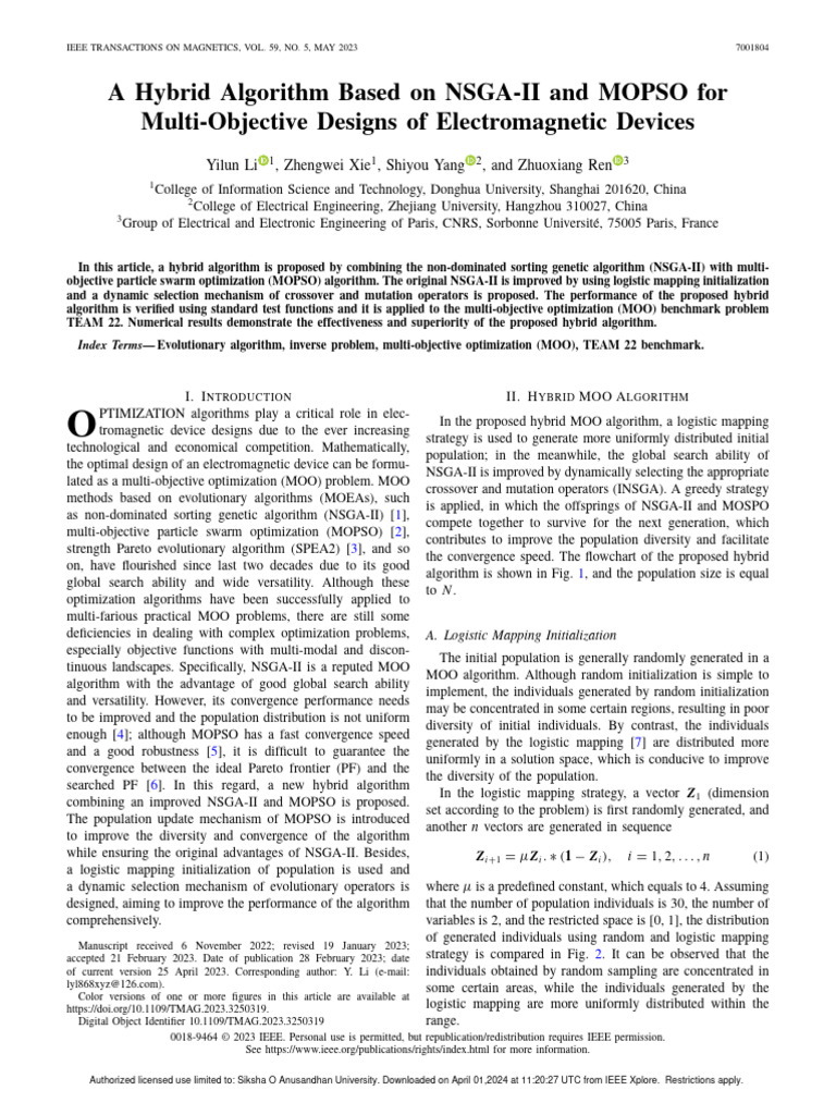 A Hybrid Algorithm Based On NSGA-II and MOPSO For Multi-Objective Designs of Electromagnetic ...