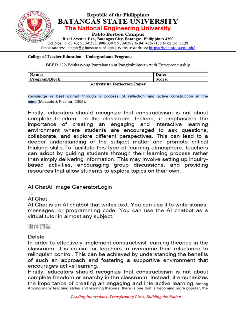 Reflection-Paper-Template (1) | PDF | Constructivism (Philosophy Of ...
