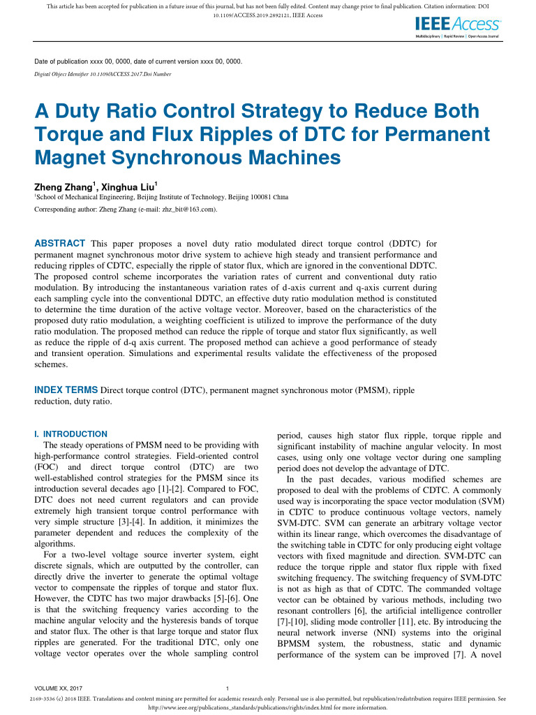 A Duty Ratio Control Strategy To Reduce Both Torque And Flux Ripples Of Dtc For Permanent Magnet