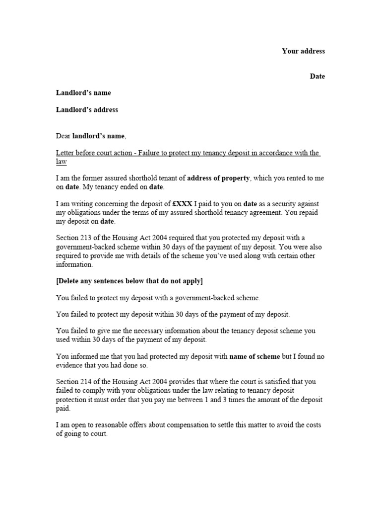 Template Letter Before Court Action Failure To Protect Tenancy Deposit ...