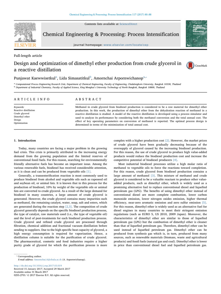 Design and Optimization of Dimethyl Ether Production From Crude ... Design and Optimization of Dimethyl Ether Production From Crude ...
