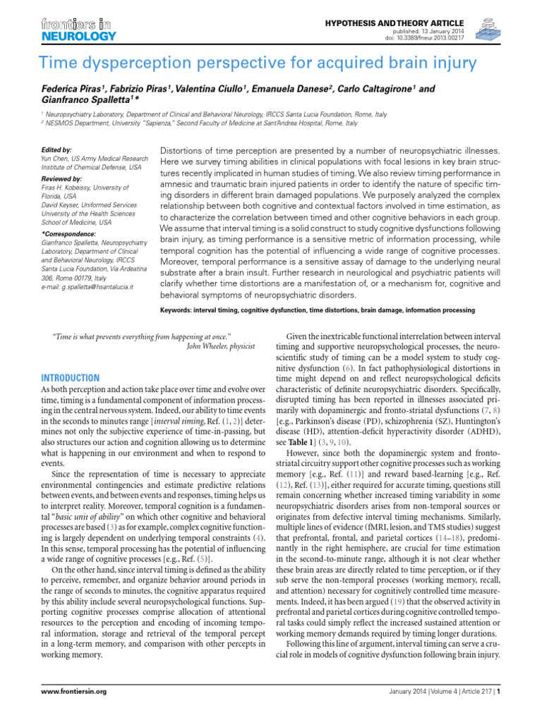 Time dysperception perspective for acquired brain injury | PDF | Working Memory | Temporal Lobe