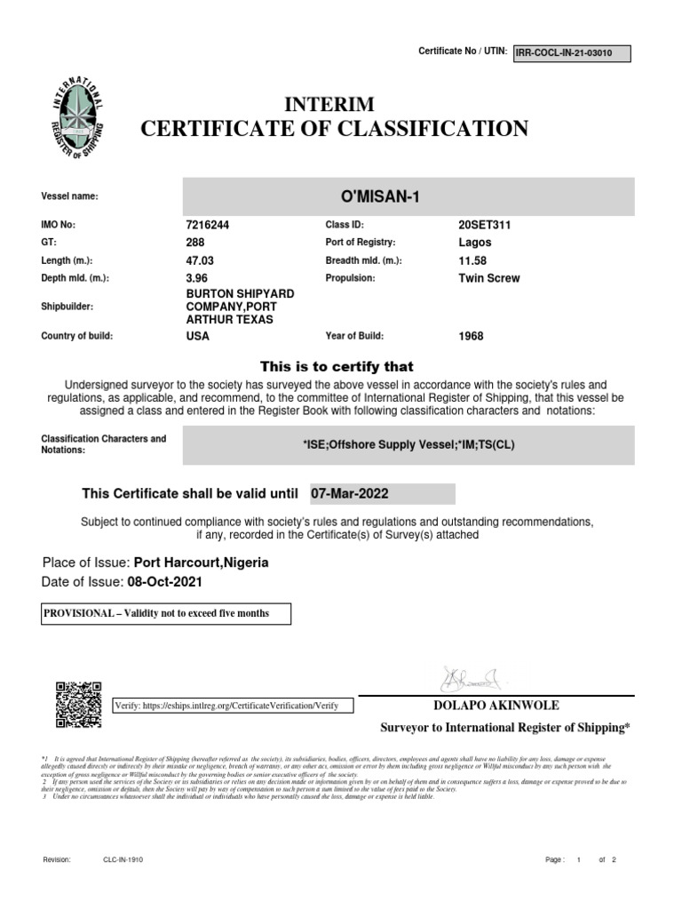 Certificate Of Classification Interim | PDF | Engines | Diesel Engine