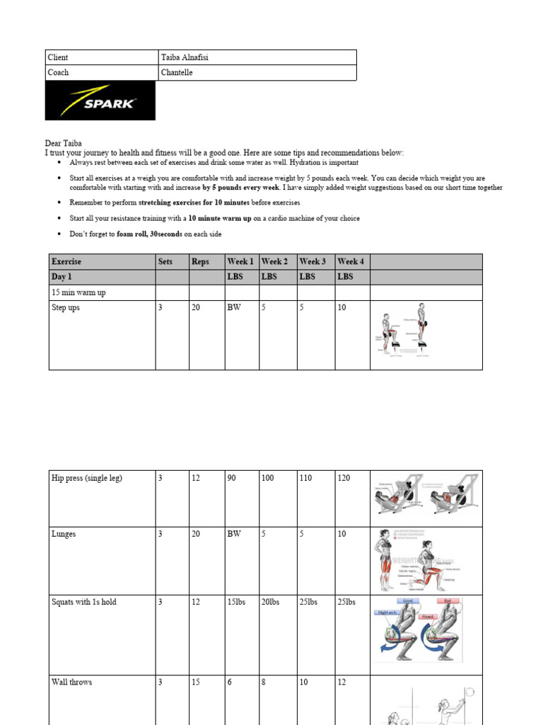 Client Taiba Alnafisi Coach Chantelle: Exercise Sets Reps Week 1 Week 2 Week 3 Week 4 Day 1 LBS ...