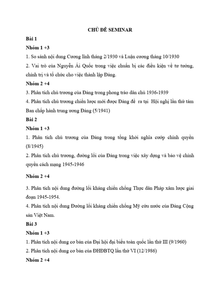 Chủ Đề Seminar K76. LSĐ 1 | PDF