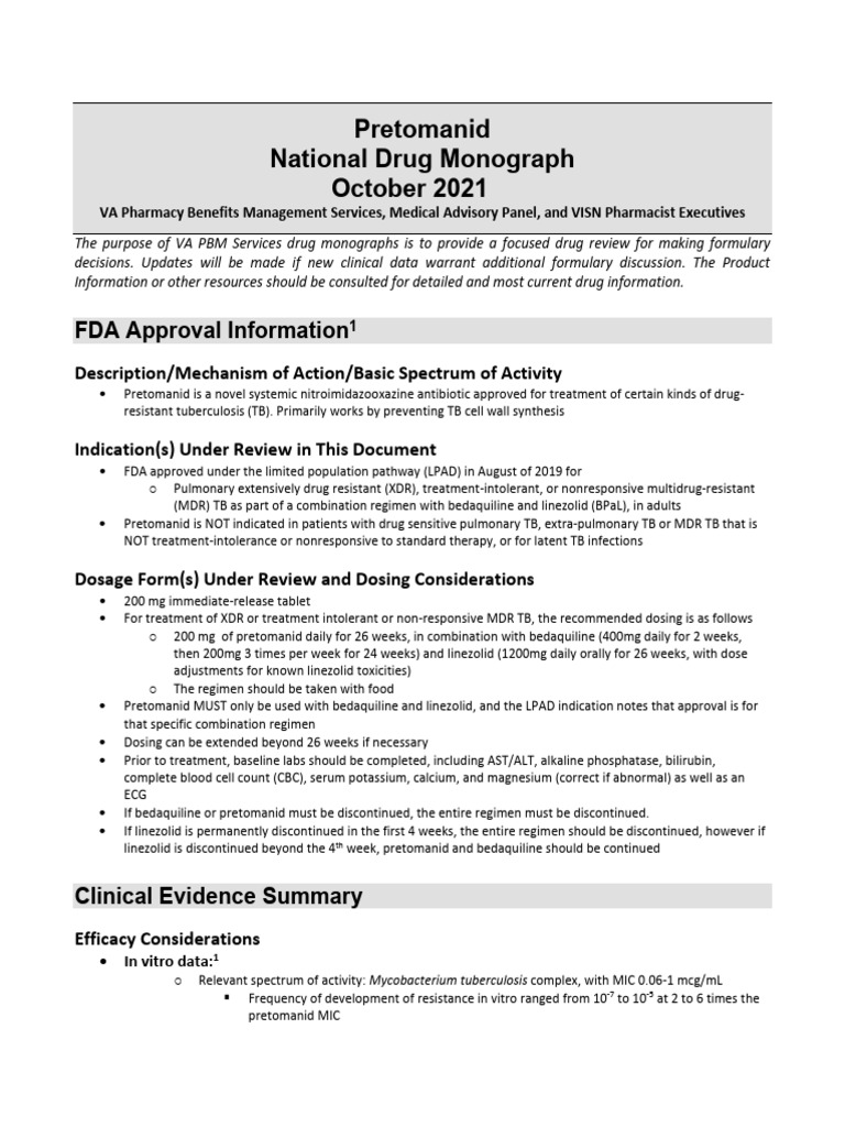 Pretomanid National Drug Monograph October 2021: FDA Approval ...