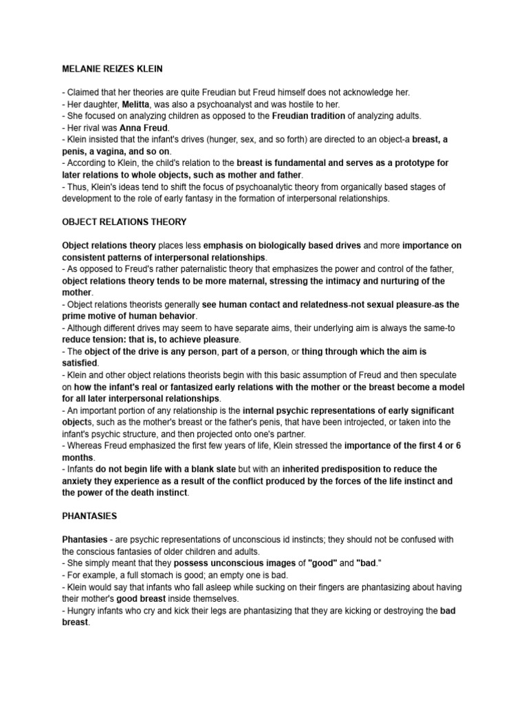 Melanie Reizes Klein | PDF | Attachment Theory | Object Relations Theory