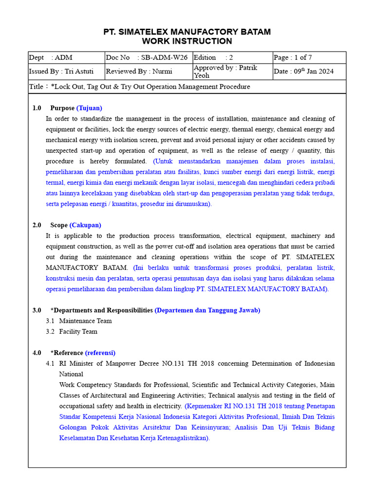 SB-ADM-W26 Lock Out, Tag Out & Try Out Operation Management Procedure ...