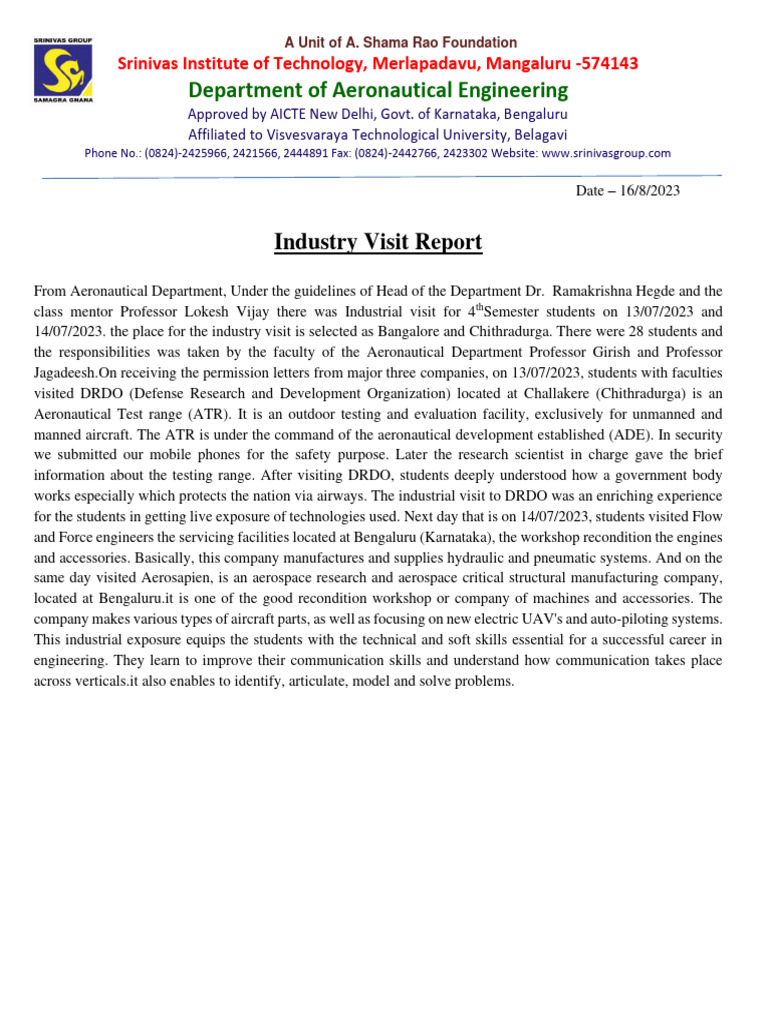Aeronautical Industry Visit Report | PDF | Engineering | Bangalore