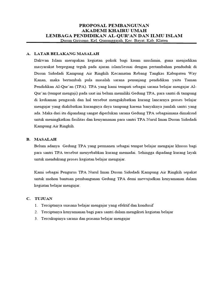 Proposal Pembangunan Gedung TPA Nurul Iman | PDF