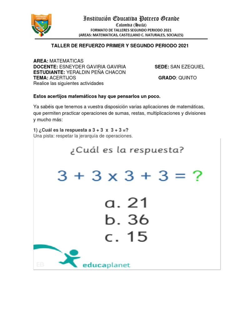 Taller de Refuerzo Segundo Periodo 2021 | PDF | Andes | Colombia