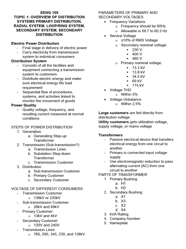EENG 105 Midterms Reviewer | PDF | Electric Power Distribution | Electric Power Transmission