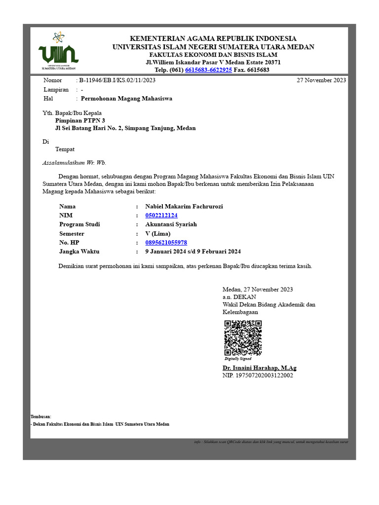 Surat Magang PTPN 3 | PDF