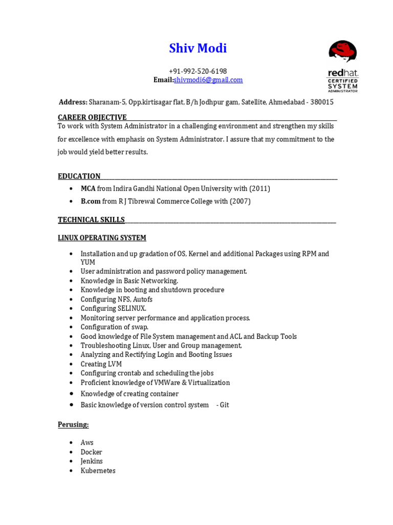 Shiv Modi Resume | Download Free PDF | System Administrator | Linux