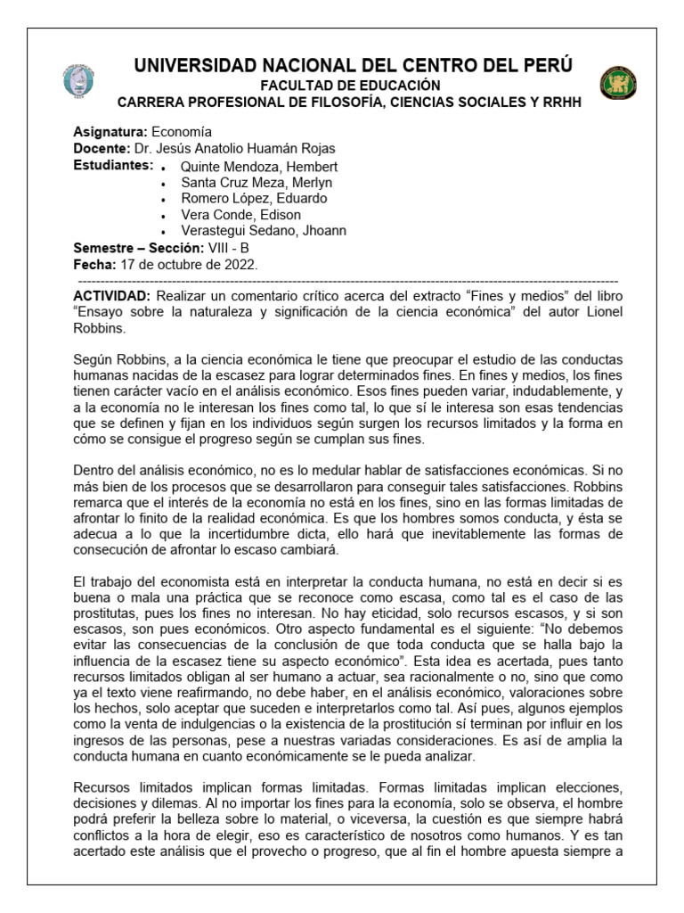 Grupo VERA CONDE - Comentario Crítico Lionel Robbins | PDF | Ciencias ...