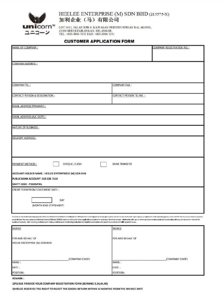 Customer Application Form | PDF