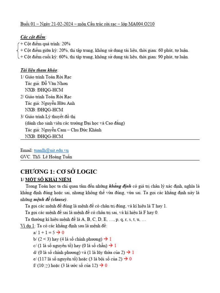 Buoi 01 - Ngay 21-02-2024 - Mon Cau Truc Roi Rac - Lop MA004.O210 | PDF