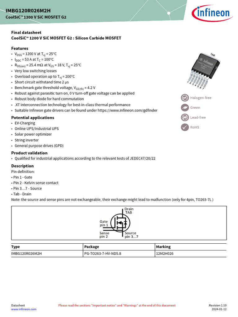 Infineon IMBG120R026M2H DataSheet v01 - 10 EN | PDF | Mosfet | Electric Power