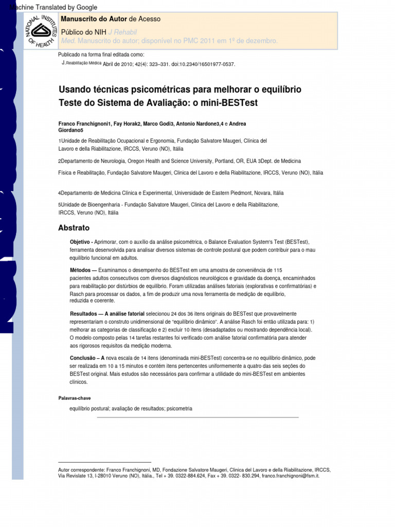 Mini-BESTest Usando Técnicas Psicométricas Para Melhorar o Equilíbrio ...