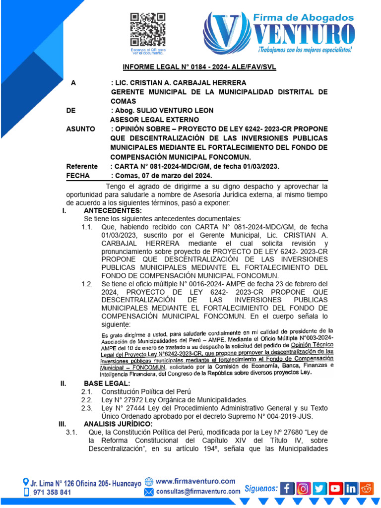 Opinión Sobre - Proyecto de Ley 6242 - 2023-CR Propone Que Descentralización de Las Inversiones ...
