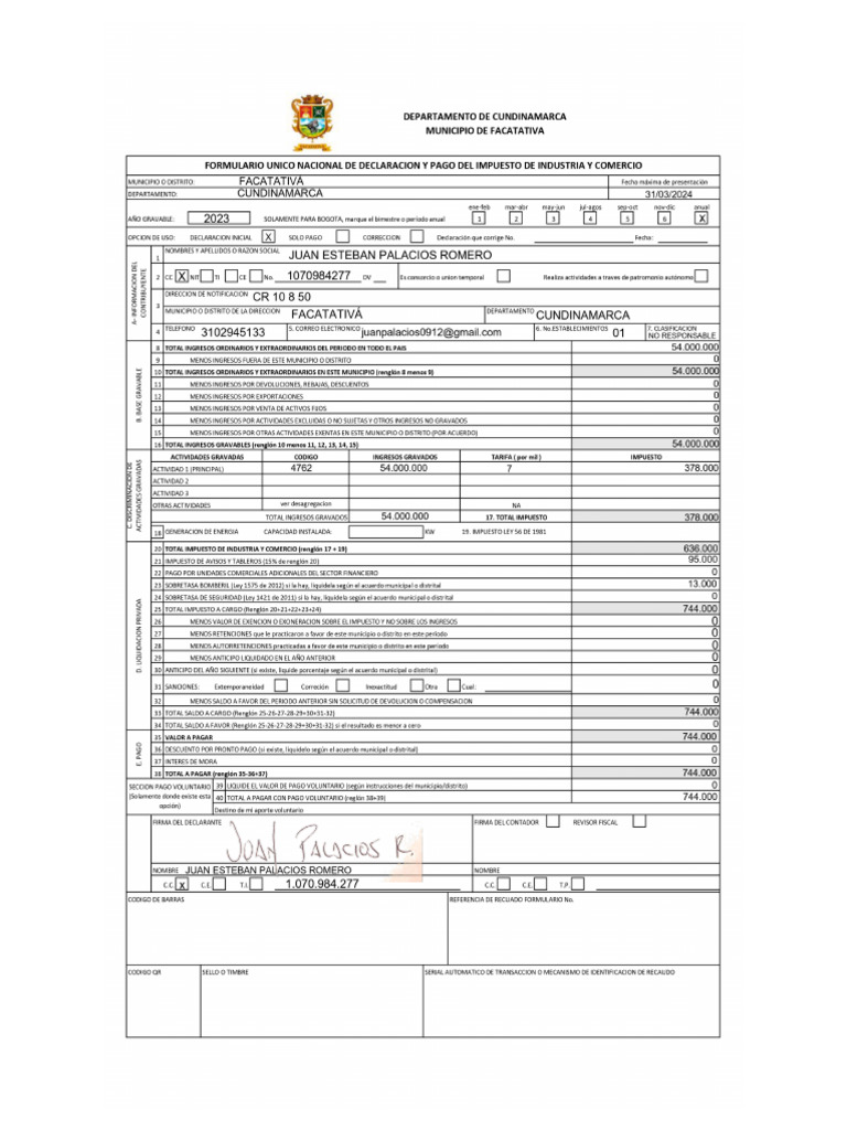 Formulario Ica Facatativa Palacios - D | PDF