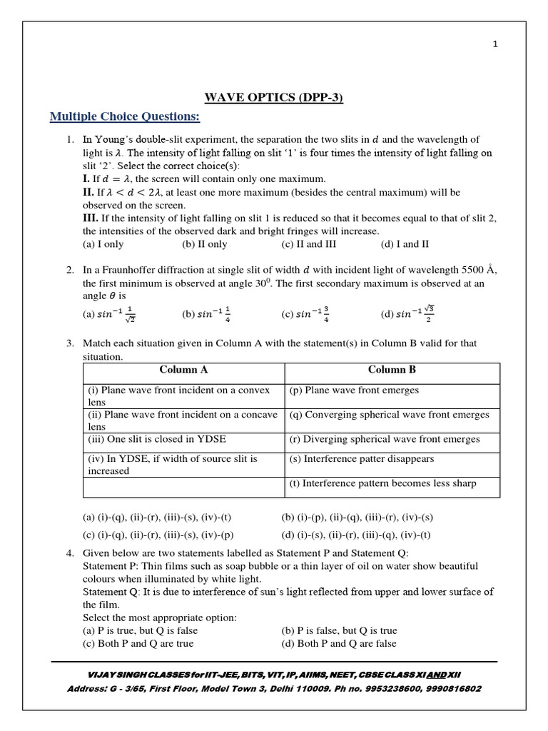 (Ch-10) Wave Optics DPP 3 | PDF | Waves | Motion (Physics)