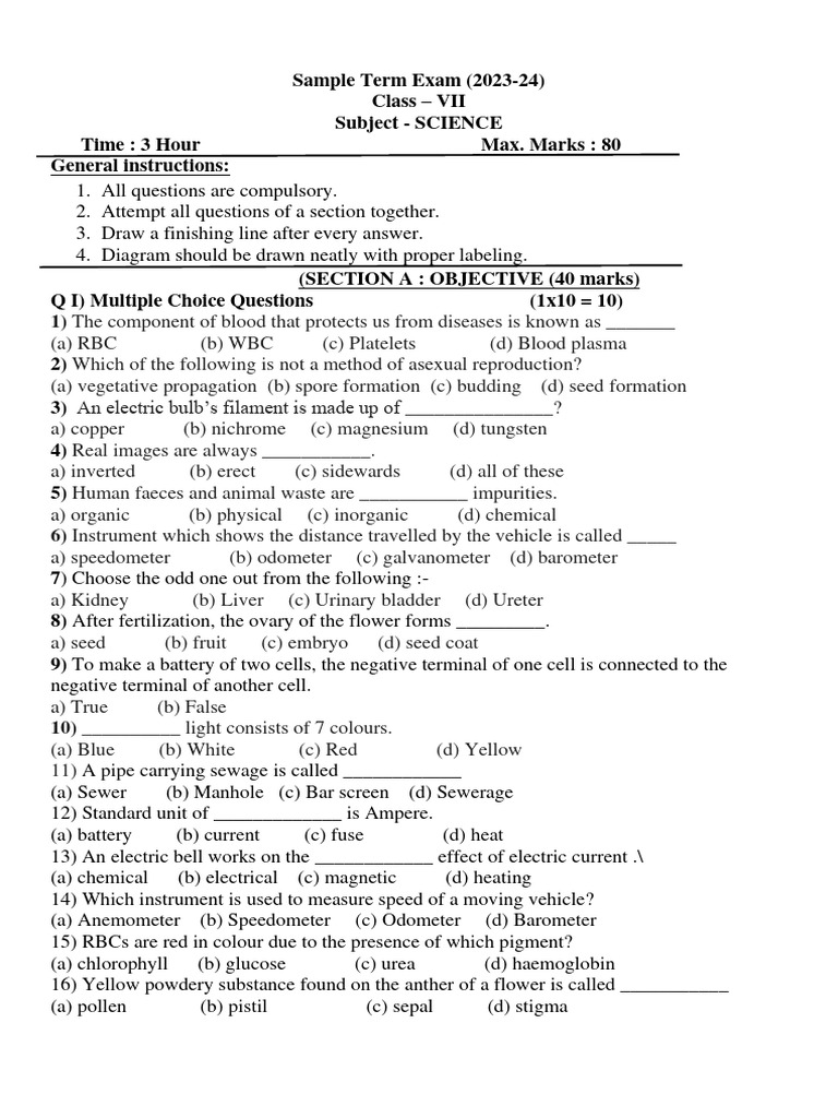Class - VII Science Sample Paper TERM 2 | PDF | Sewage Treatment ...