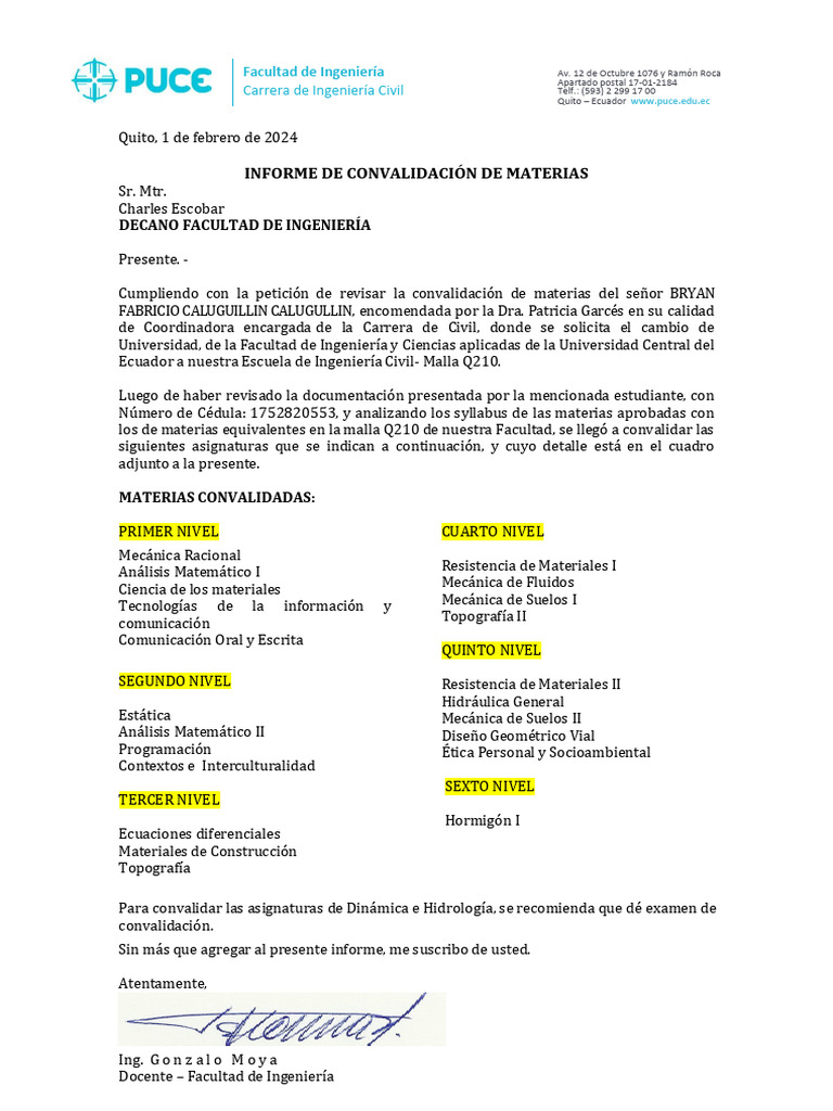 Informe de Convalidación de Materias | PDF | Ingeniería | Ciencias fisicas