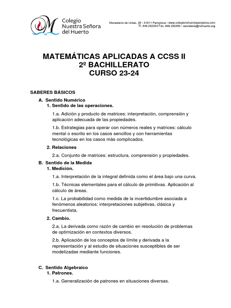 Criterios y Saberes Básicos Matemáticas Aplicadas A Las CCSS II 2º BACH 23-24 | PDF | Teoría de ...