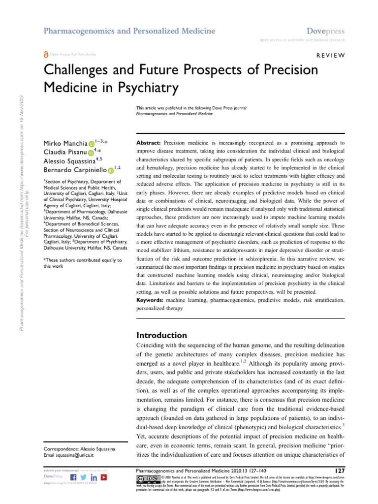 Manchia Et Al 2020 Challenges And Future Prospects Of Precision