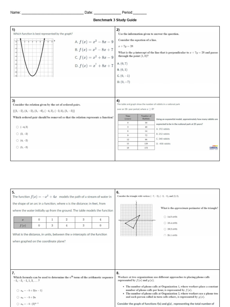 Algebra Benchmark Study Guide | PDF | Function (Mathematics ...