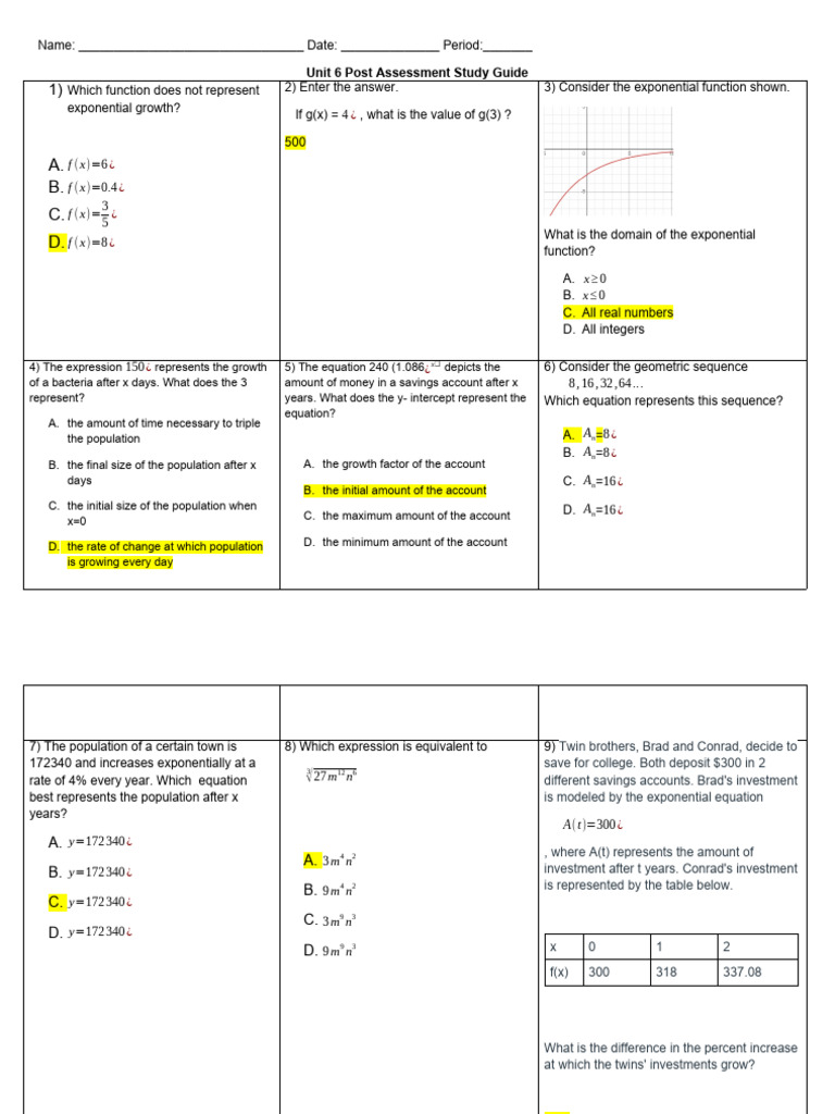 Unit 6 Post Assessment Study Guide | PDF | Function (Mathematics ...