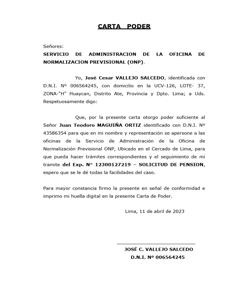 Carta Poder para Trámites ONP | PDF