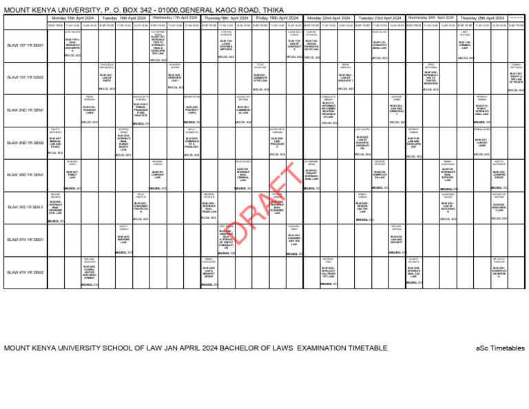 PLC Jan April 2024 LLB Exam Timetable | PDF