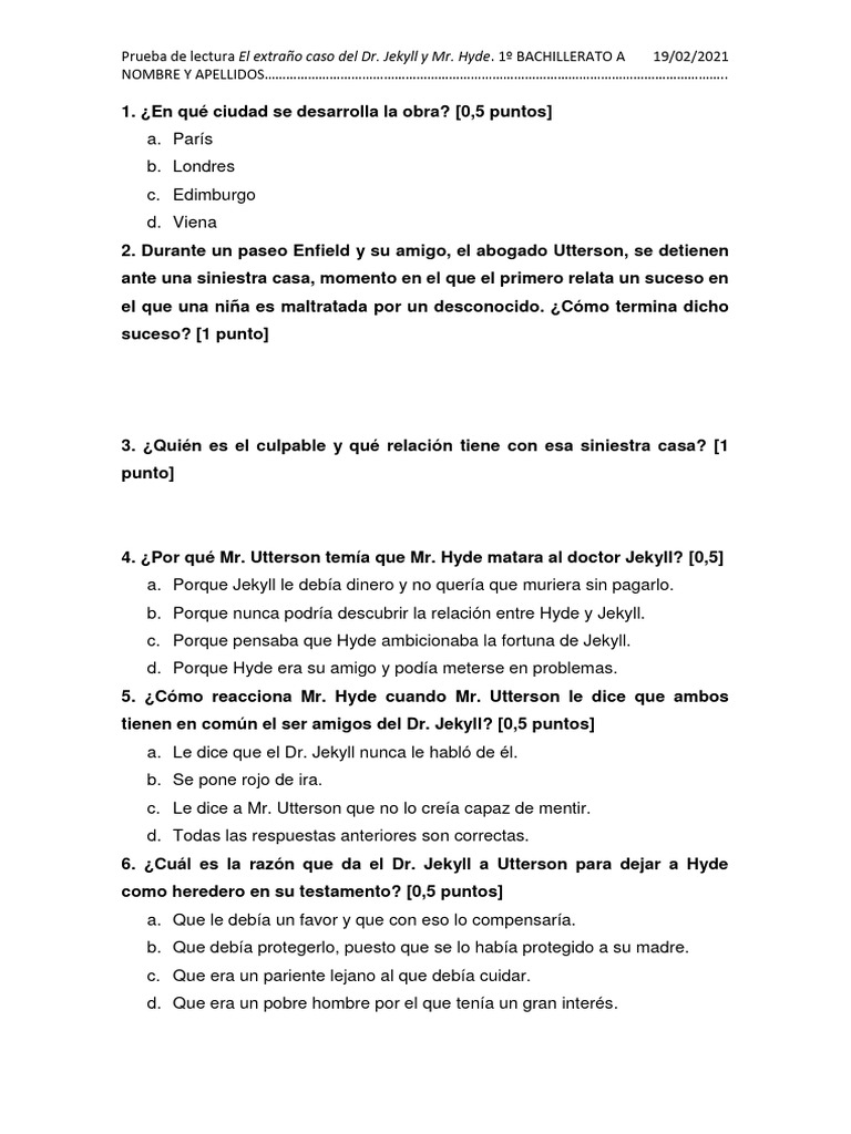 Prueba El Extraño Caso Del DR - Jekyll y Mr. Hyde | PDF | Extraño caso ...