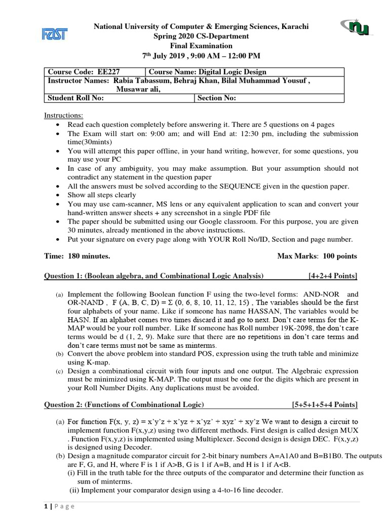 Final 2020 DLD | PDF | Mathematical Logic | Computer Engineering