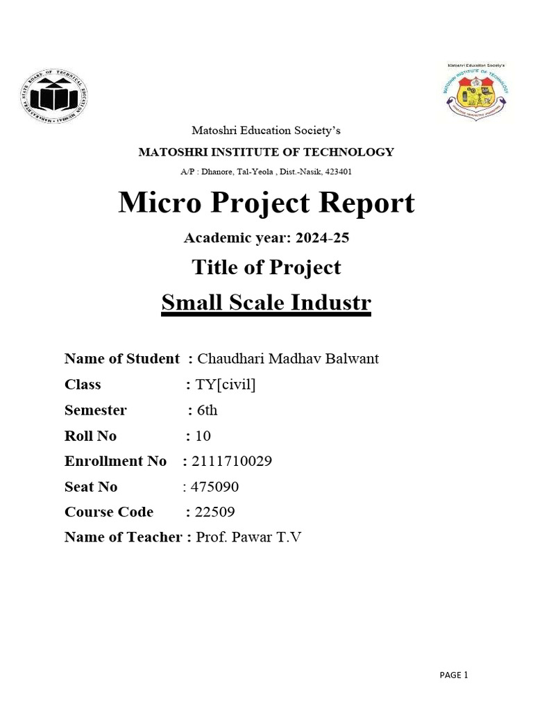 Micro Project Report: Small Scale Industr | PDF | Educational Stages