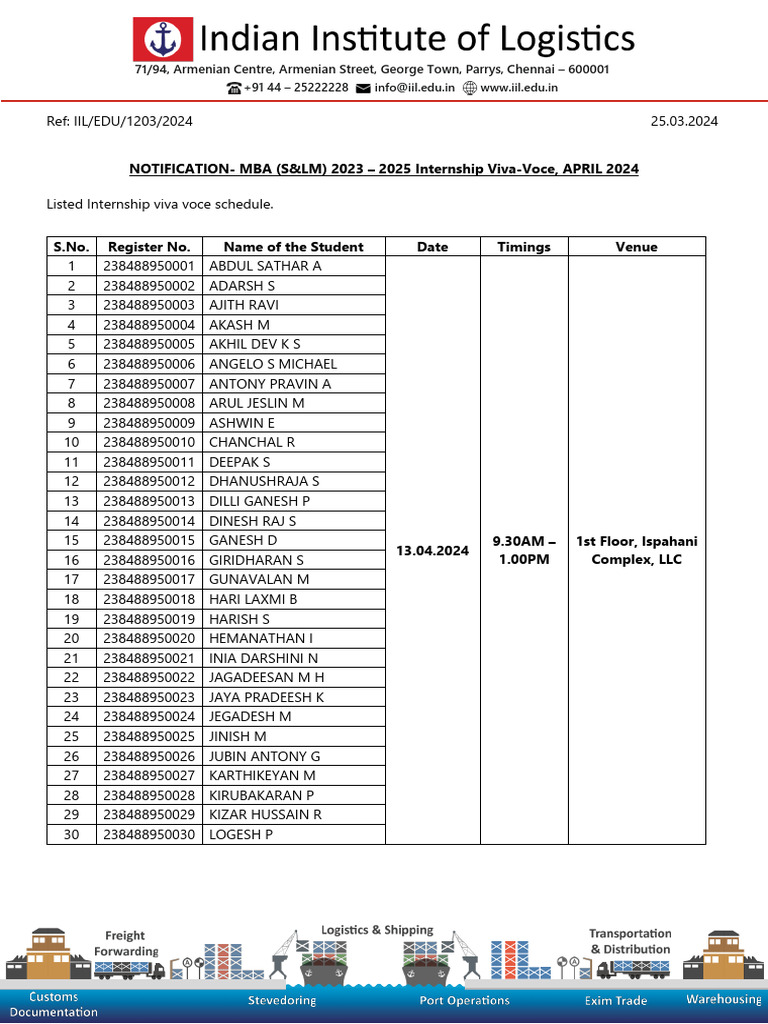 NOTIFICATION - MBA (S&LM) 2023 - 2025 Internship Viva-Voce, APRIL 2024 ...