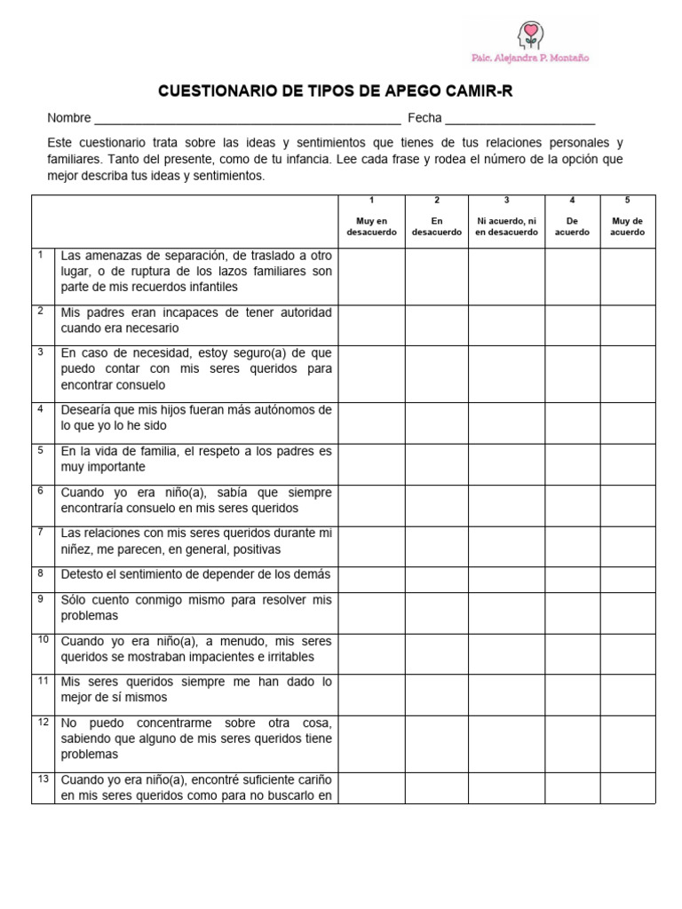 7 Cuestionario CAMIR-R Apego | PDF | Teoría de apego
