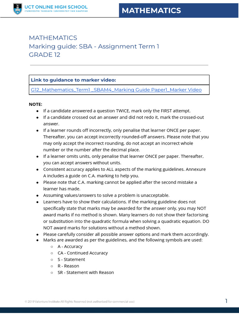 Updated MG - G12 - Mathematics - Term1 - SBAM4 - Marking Guide Paper1 ...