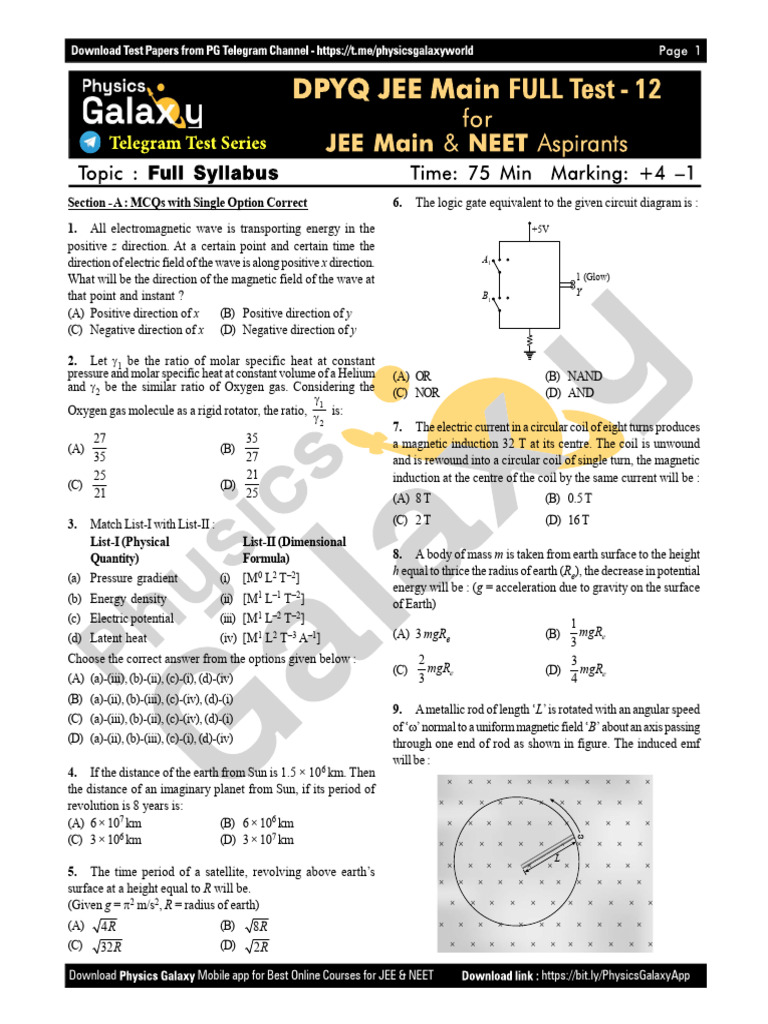 JEE Main DPYQ Full Syllabus PAPER-113 - STUDENTS | PDF | Light | Capacitor