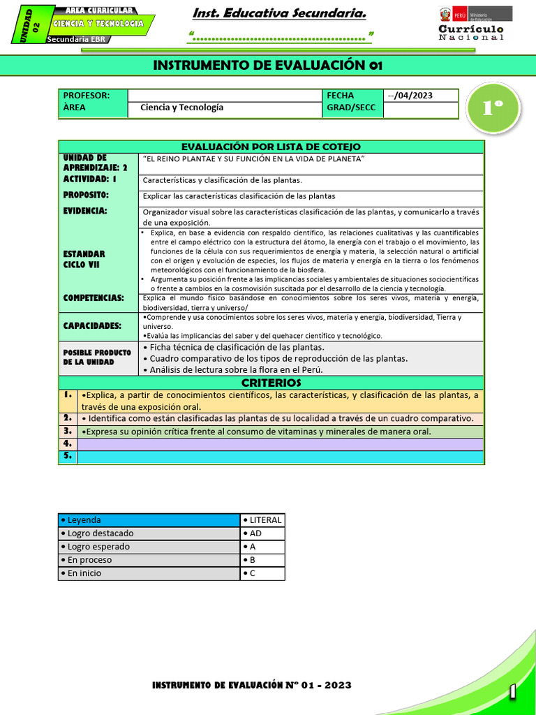 A - 1º LC Act 1 - Cyt-Und 2 | PDF | Plantas | Evaluación
