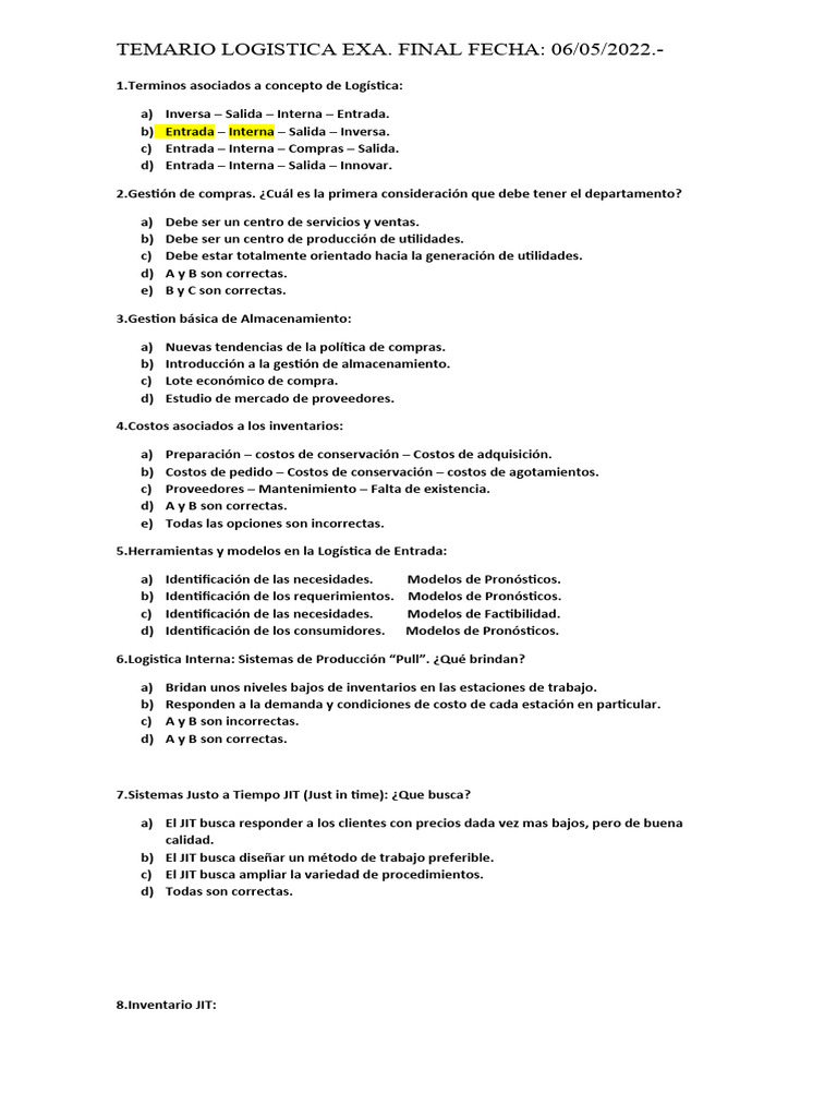 Ejercitario Logista Exa Final | PDF | Lean Manufacturing | Logística