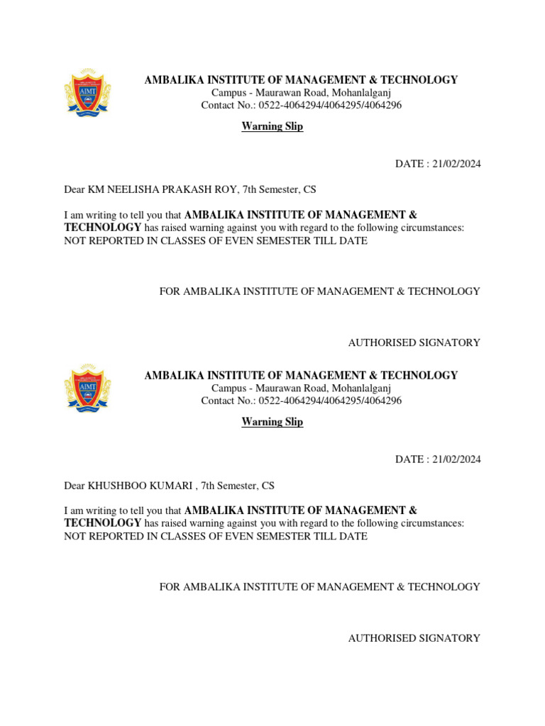 Student Attendance Warning Notice | PDF